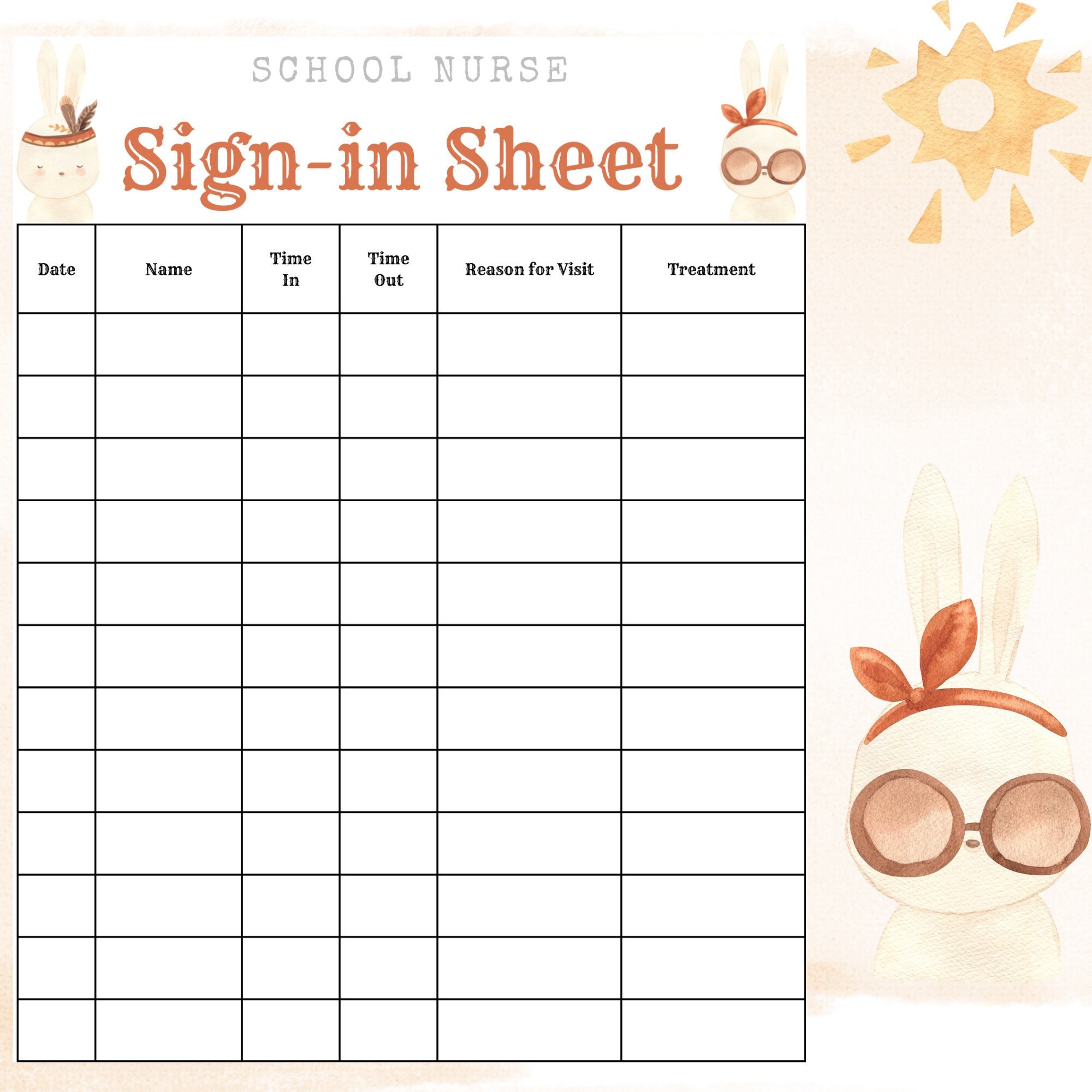 School Nurse Sign-in Sheet / BOHO Bunny / School Clinic Sign-in Sheet ...