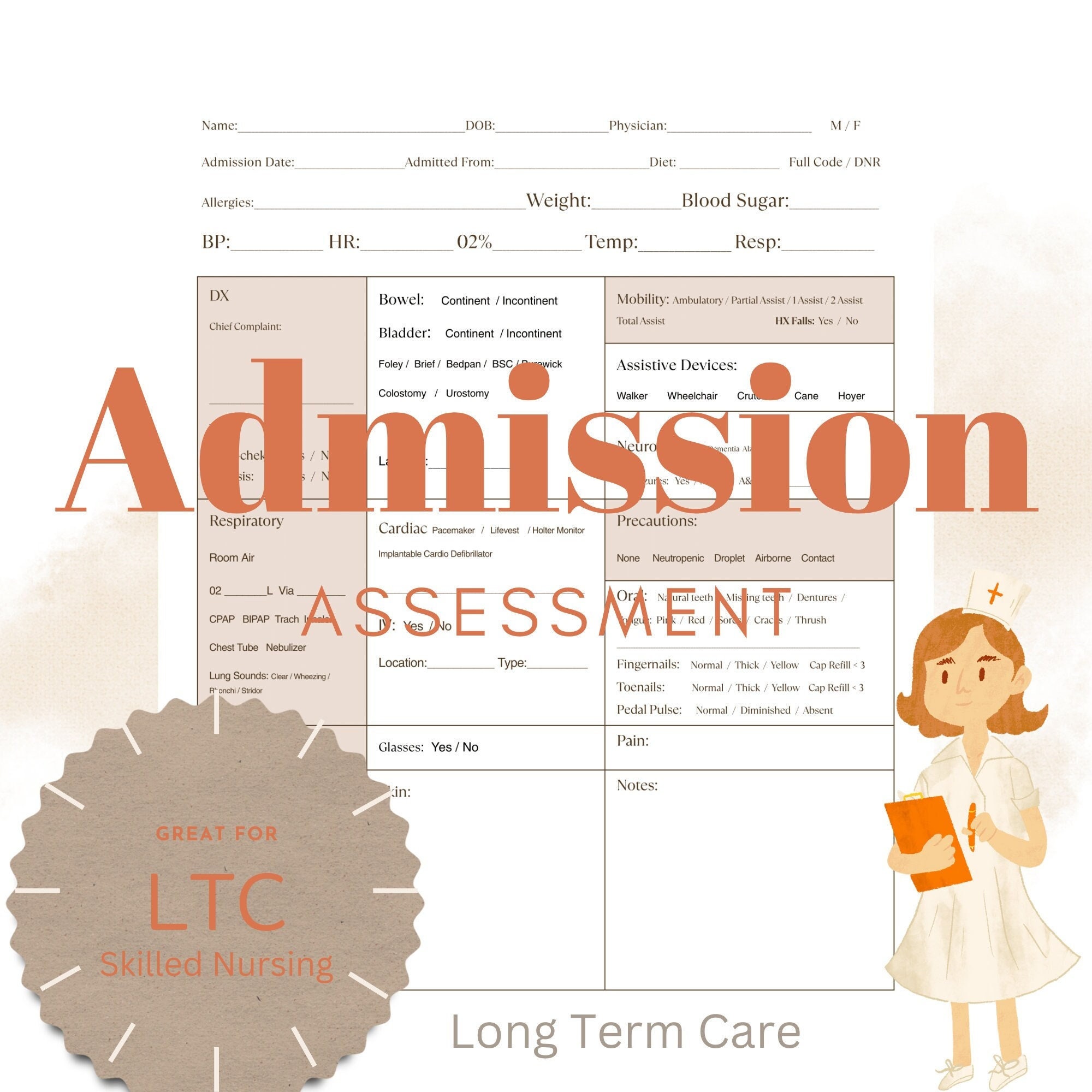 LTC Admission Assessment Long Term Care SNF Skilled Nursing LPN Nursing ...