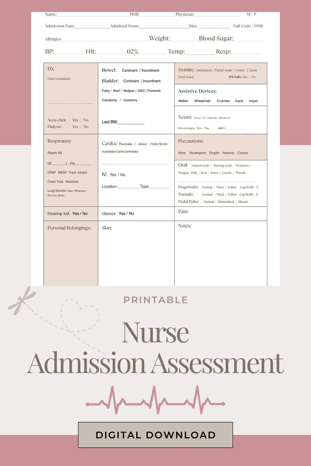 Nurse Admission Assessment Form: LTC, SNF Report (digital Download) - Etsy