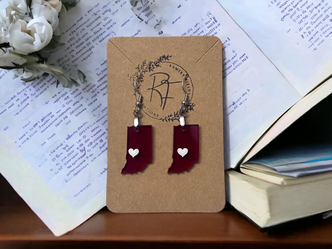 Handmade Laser Cut Red Indiana State Earrings With White Heart. Great ...