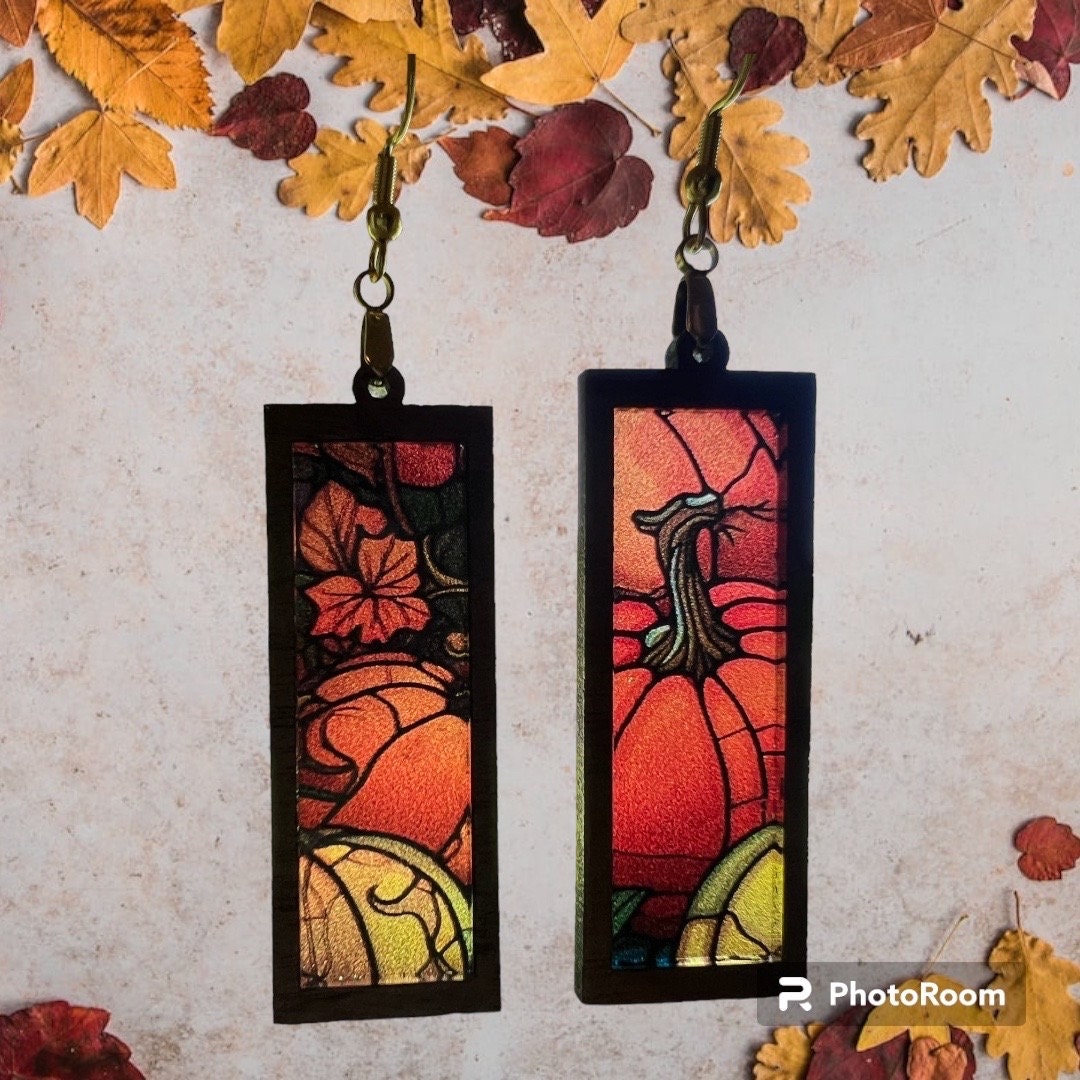 New Handmade Inlay Walnut & Acrylic Dangle Stained Glass Pumplin Patch ...
