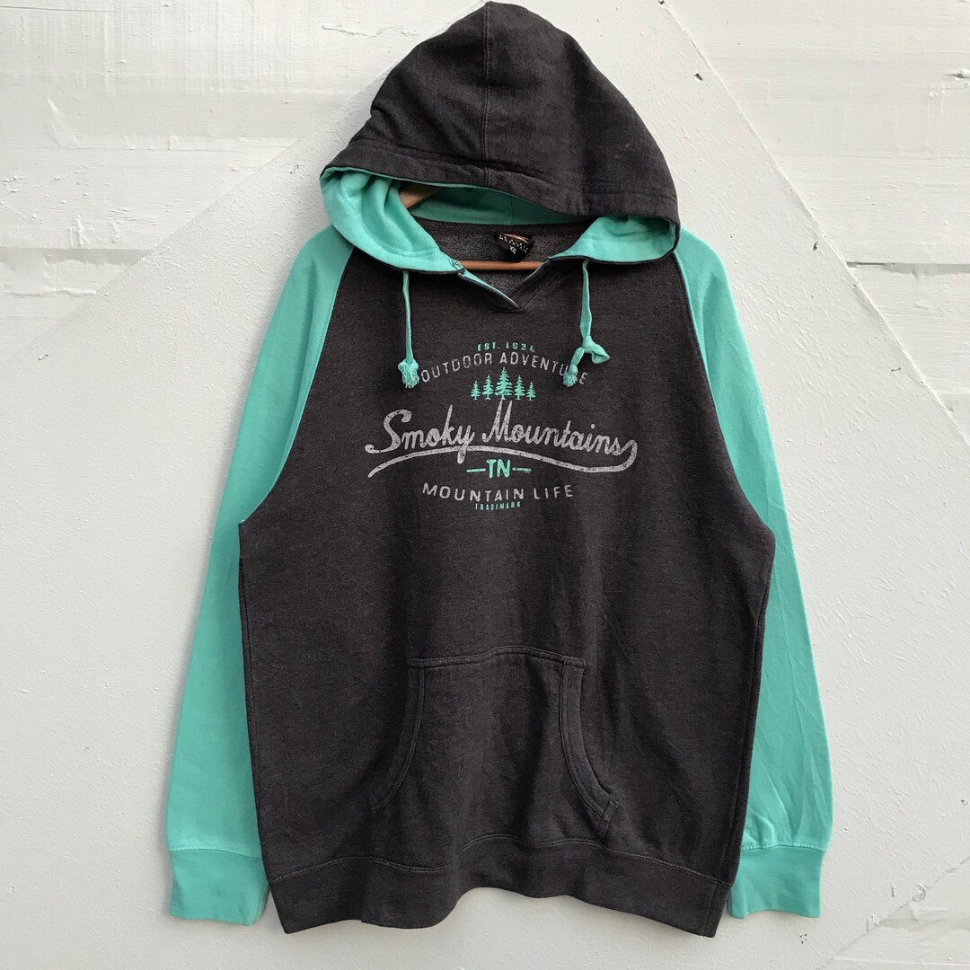 Vintage Smoky Mountains Hoodie, Outdoor Adventure Sweatshirt, Two-tone Raglan Pullover, Mountain ...