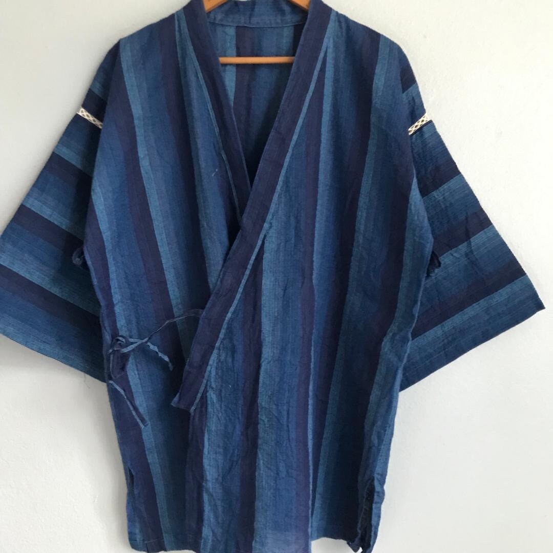 Vintage Japanese Indigo Kimono Jacket, Colorful Big Striped Haori ...