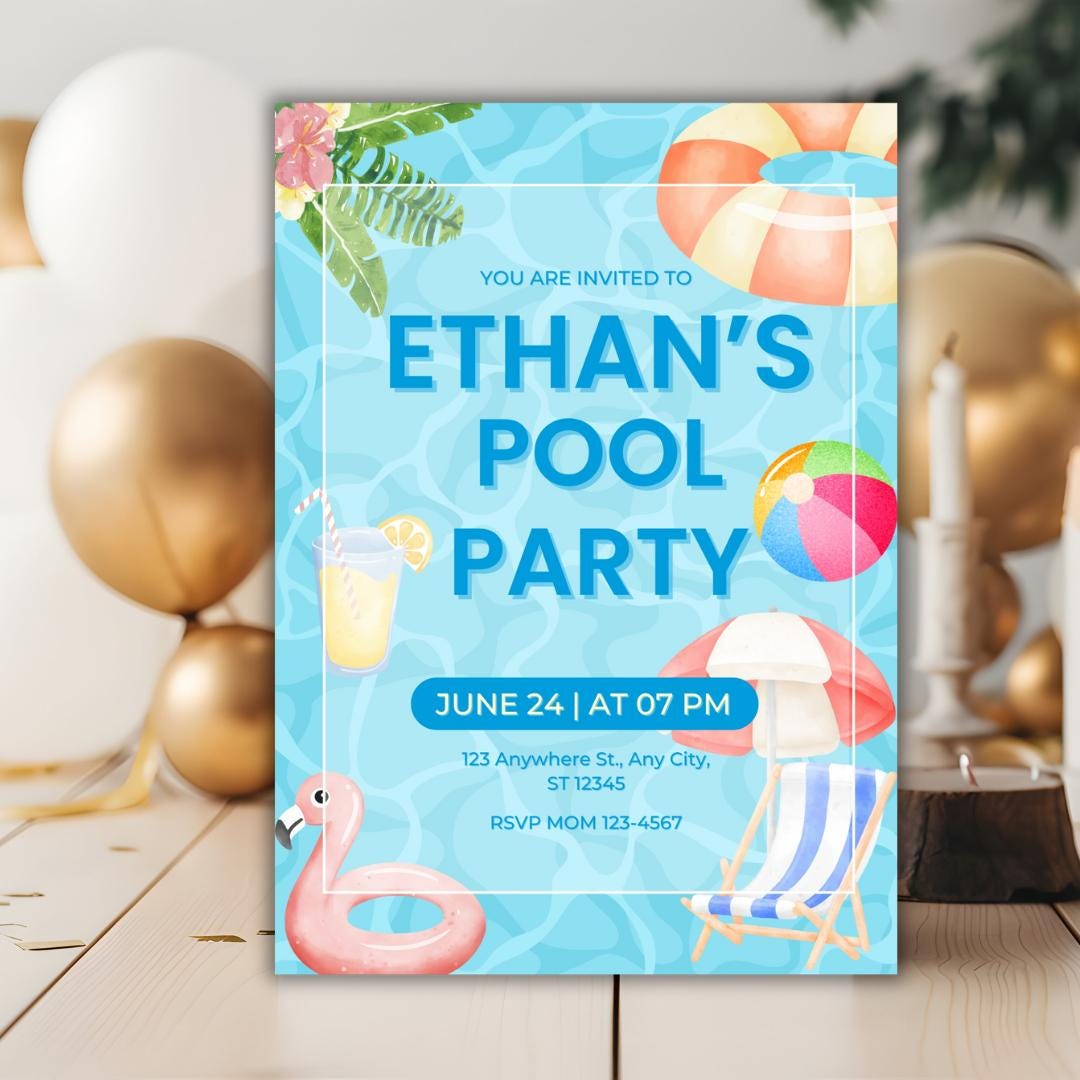Editable Pool Party Birthday Invitation | Groovy Summer Party Bash ...
