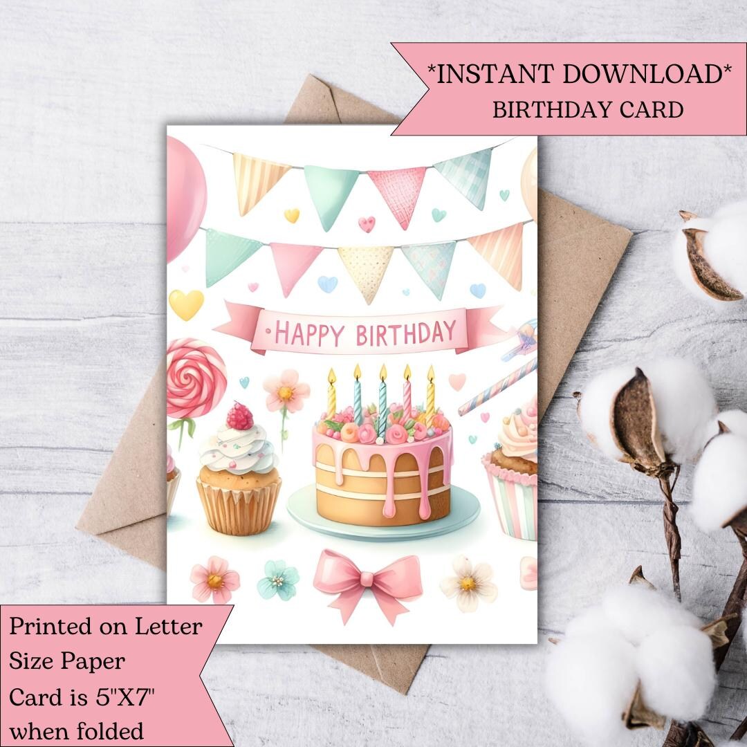 Pastel Birthday Card|cute Cake & Cupcakes Printable Greeting Card ...