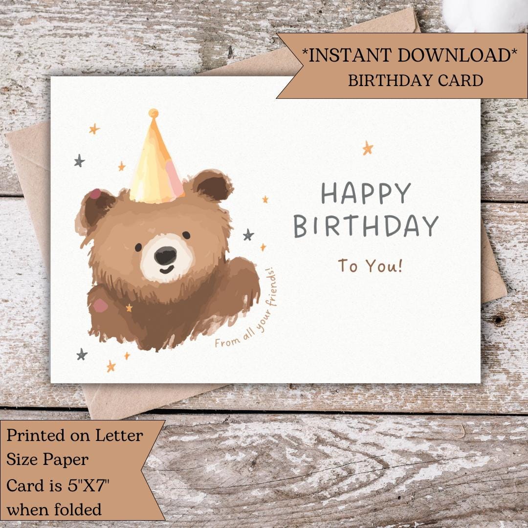 Cute Bear Birthday Card Printable | Watercolor Animal Birthday Card ...