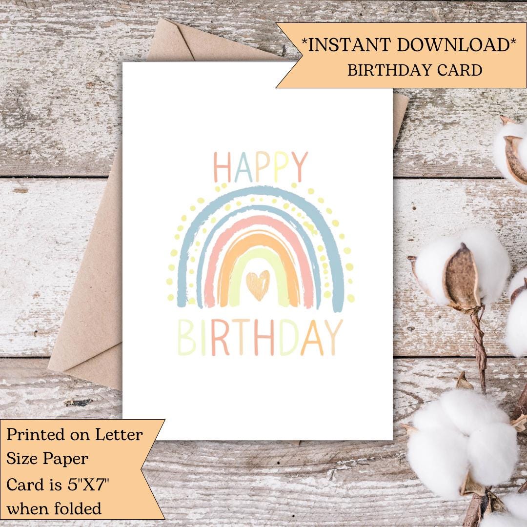 Pastel Rainbow Happy Birthday Card | Cute Boho Birthday Card Printable ...
