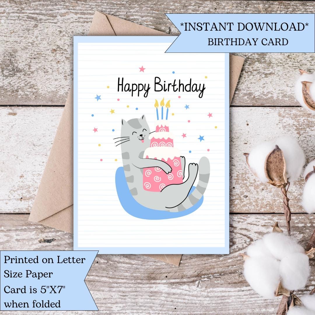 Cute Cat Birthday Card | Funny Animal Greeting Card | Whimsical Cat ...
