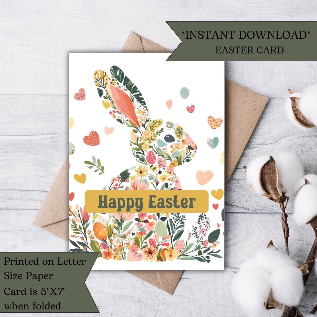 Floral Easter Bunny Card | Printable Spring Bunny Greeting Card | Happy ...
