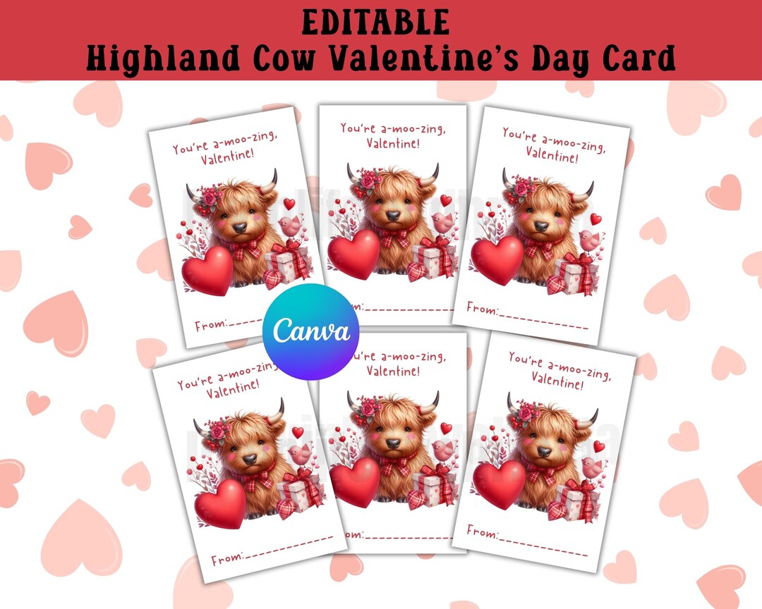 EDITABLE Highland Cow Valentine's Day Cardsclassroom Valentine's Day ...