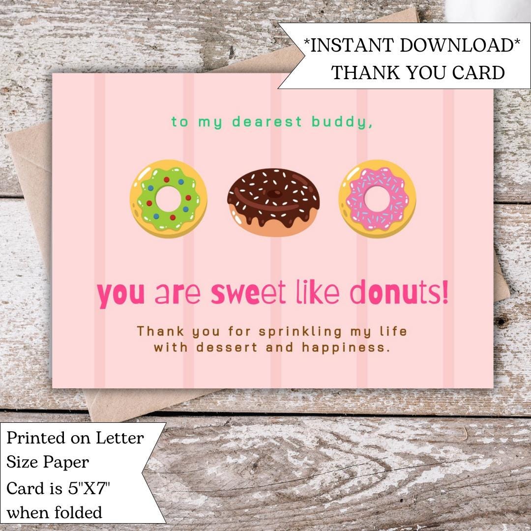 Sweet Like Donuts Friendship Card-cute Printable Thank You Card for ...