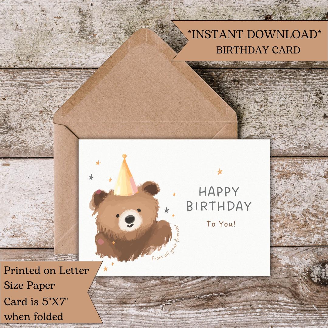 Cute Bear Birthday Card Printable | Watercolor Animal Birthday Card ...