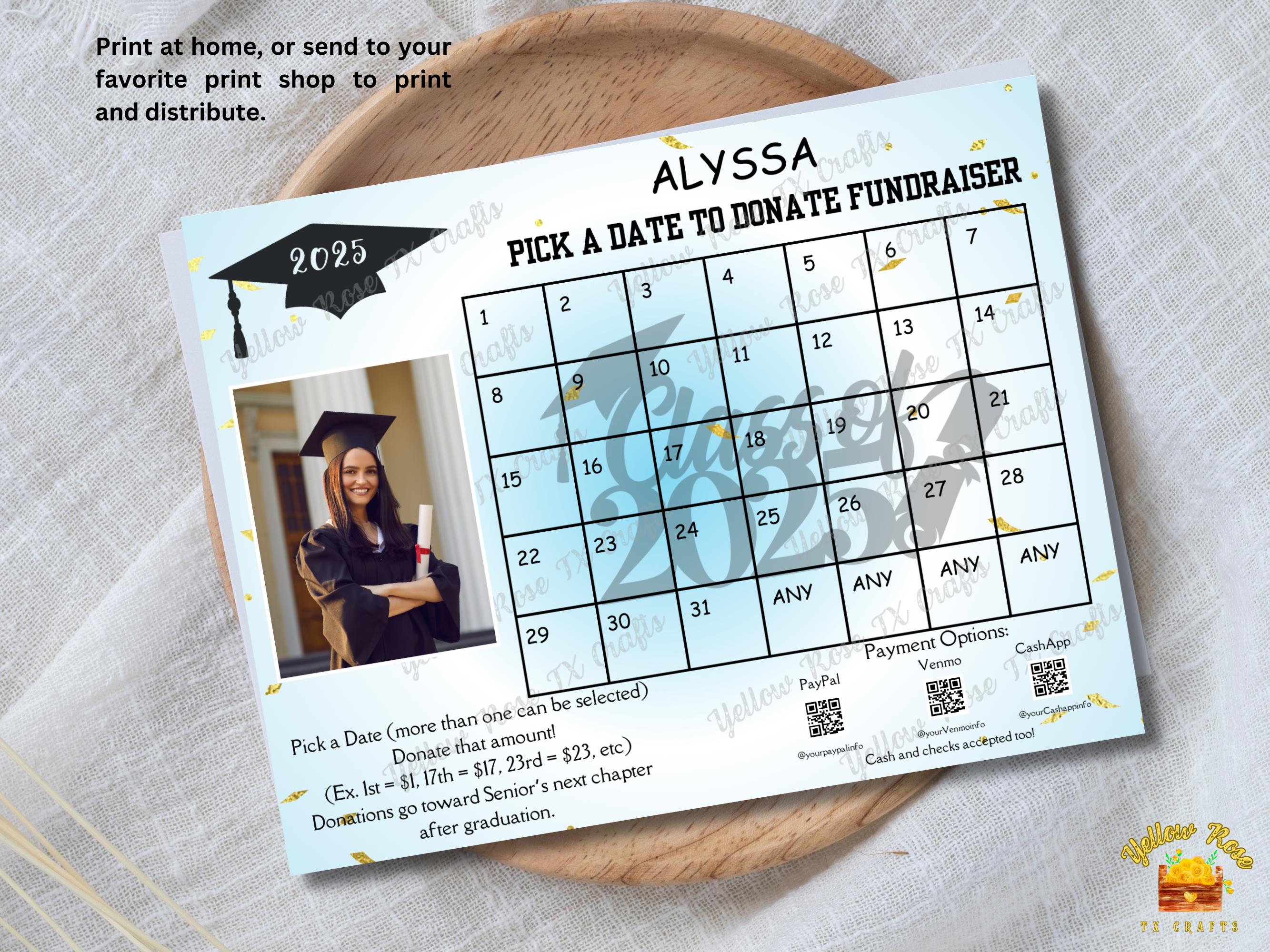 Pick a Date Donation Calendar for Seniors - Class of 2025 Graduation ...
