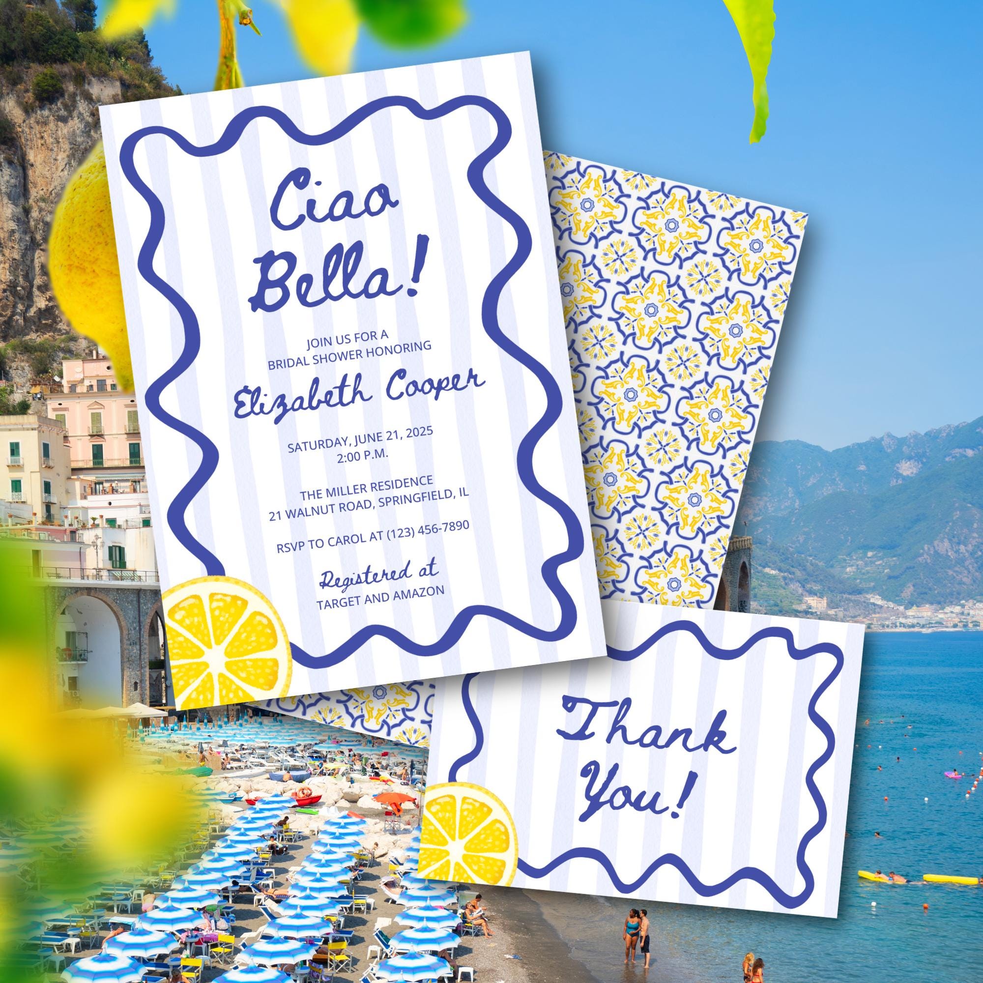 Editable Italian Summer Bridal Shower Invitation, Blue Citrus ...