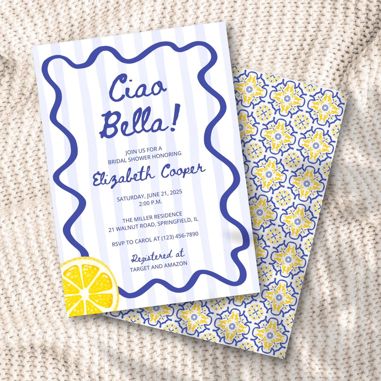 Editable Italian Summer Bridal Shower Invitation, Blue Citrus ...