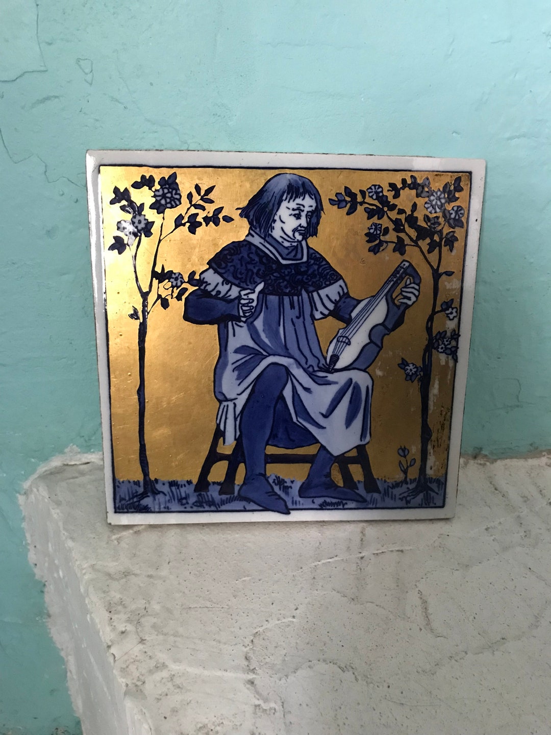 COPELAND Rare Tile 19th Century Pattern Middle Ages Musician Old Violin ...