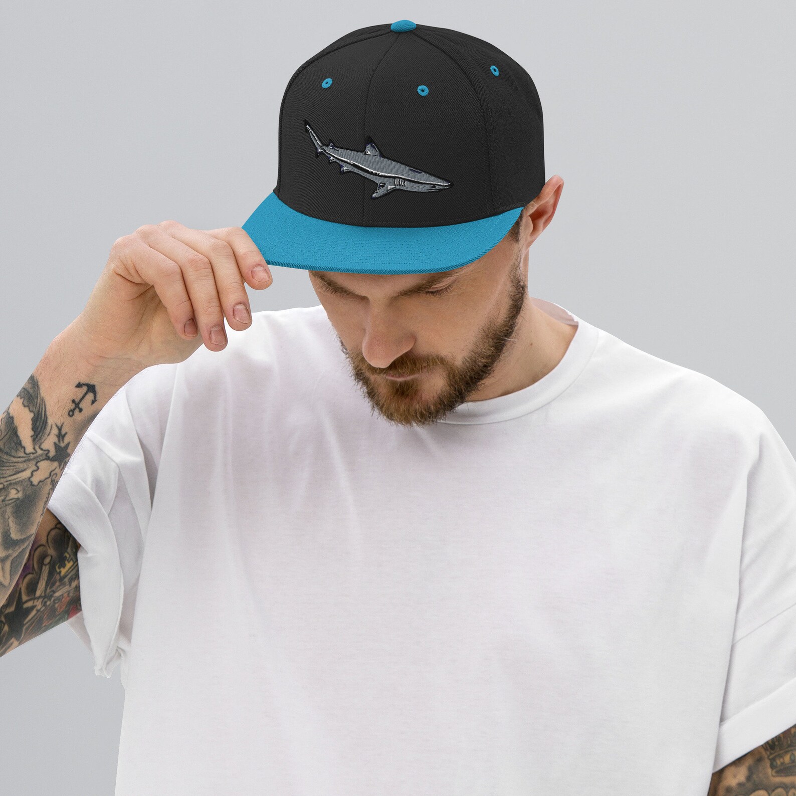 Reef Shark Snapback Hat, Shark Embroidery, Reef Black Tip Shark, Coral ...