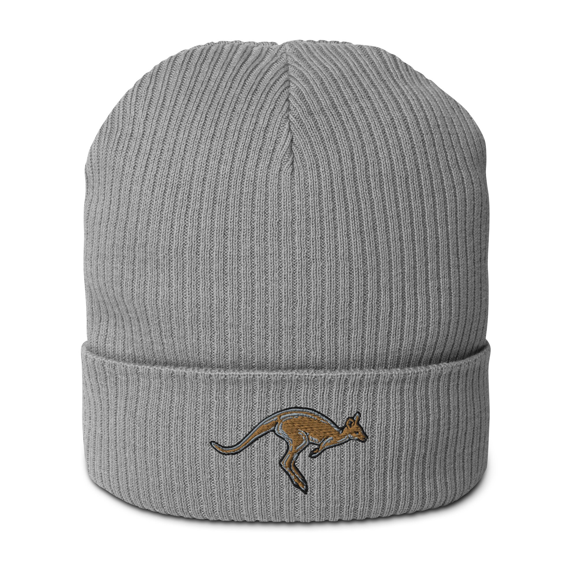 Kangaroo Beanie, Roo Organic Ribbed Beanie, Australian Wildlife Beanie, Kangaroo Embroidery ...