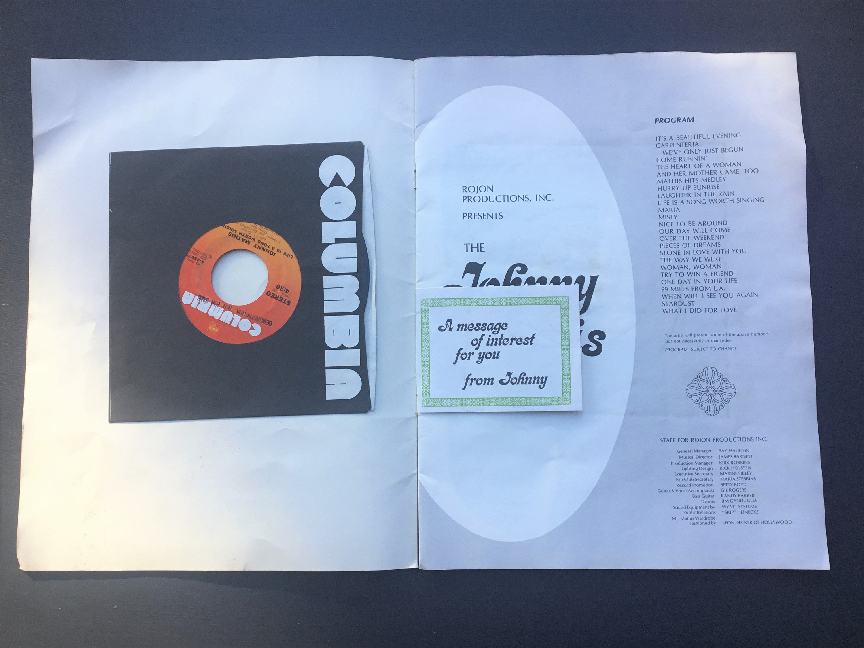 Vintage 1970's Johnny Mathis Show Concert Tour-Souvenir Program Booklet ...