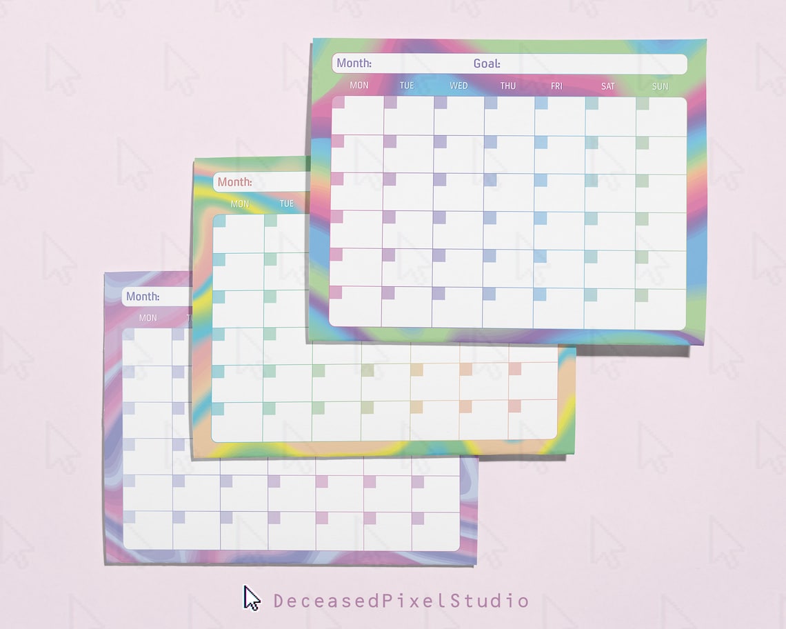 Printable Blank Monthly Calendar Holographic Aesthetic Pastel Cute ...