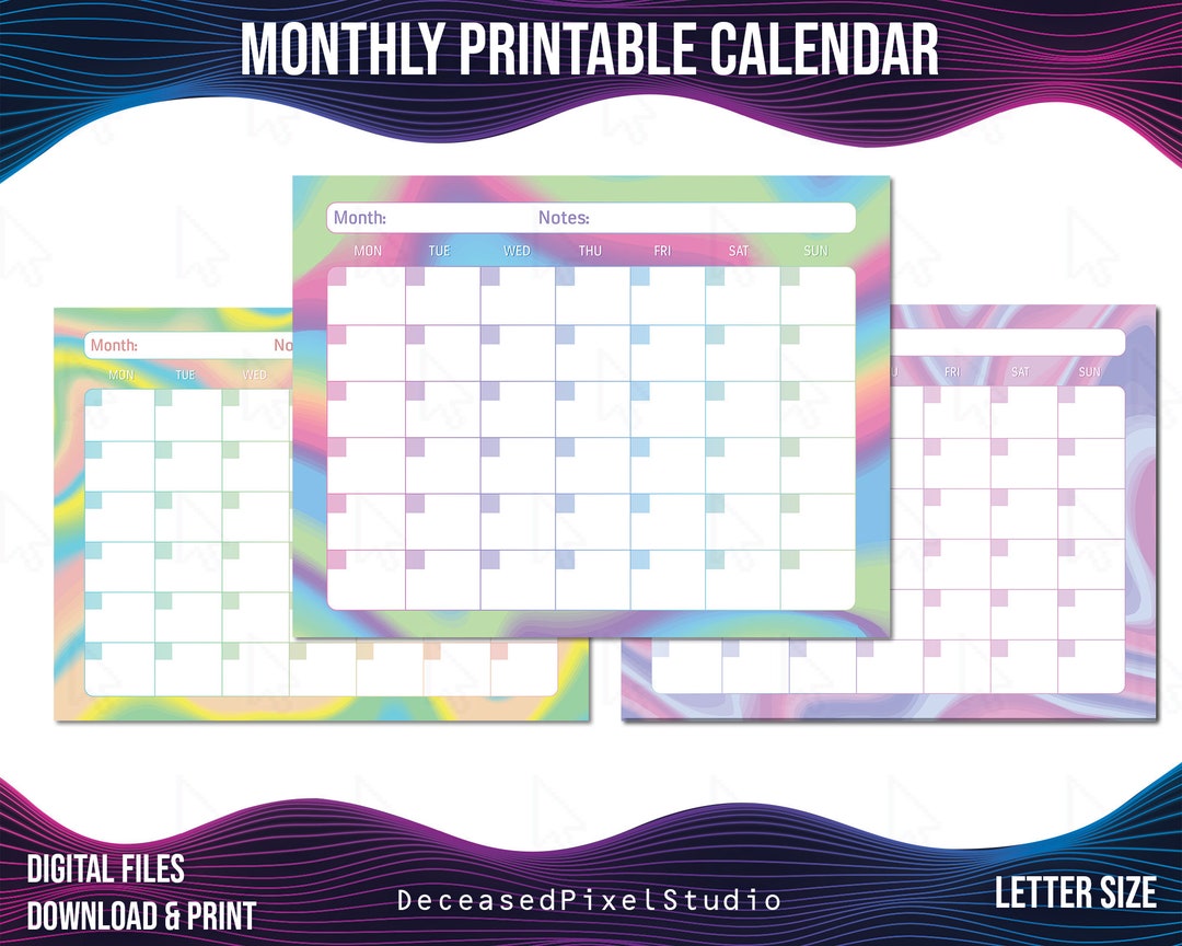 Holographic Pastel Monthly Calendar Printable (letter Size PDF) - Etsy