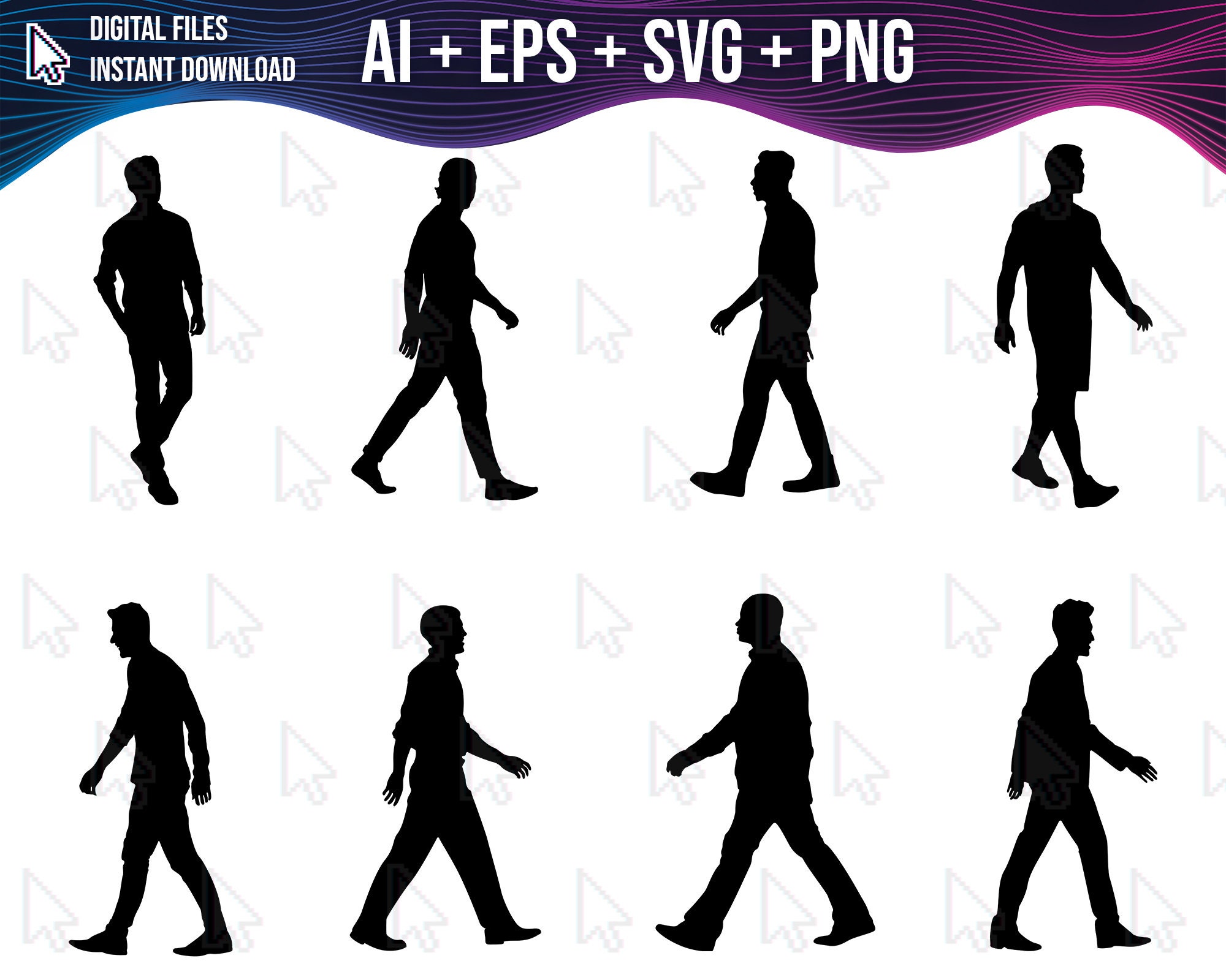 Men Walking Silhouette Bundle, Ai, EPS, SVG, PNG, Walking Person Man ...