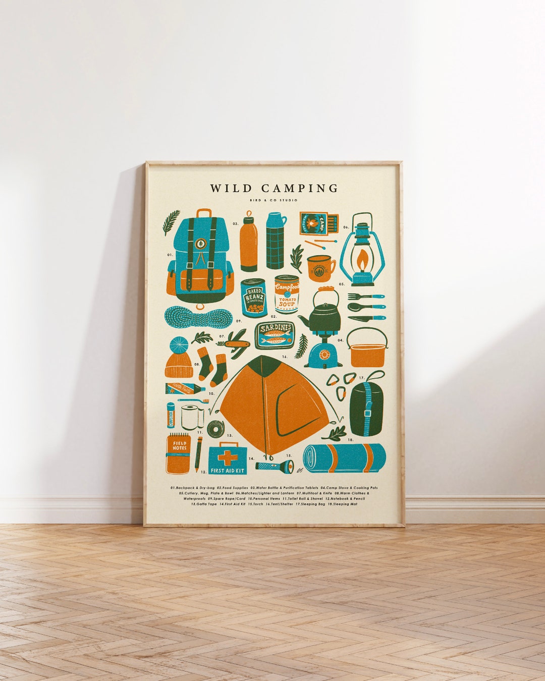 Wild Camping Essentials Retro Art Print | Camp Kit Wall Art | Vintage ...