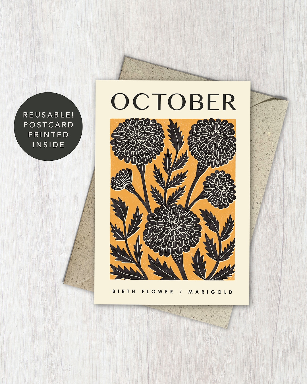 Marigold October Birth Flower Greeting Card | Botanical Birthday, New ...