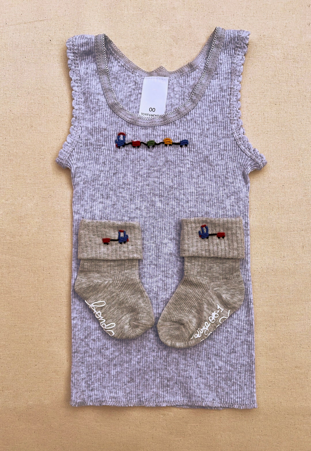 Grey Baby Singlet and Socks With Hand Embroidered Train Set for a Baby ...