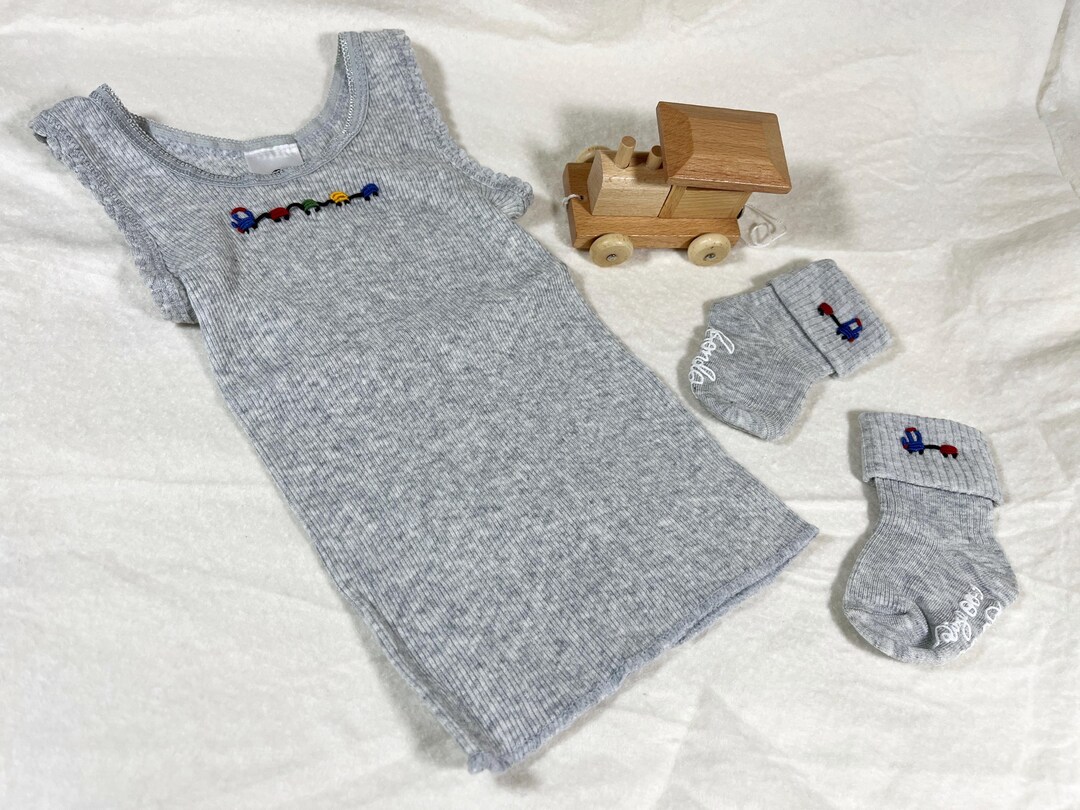 Cotton Baby Singlet and Socks With Hand Embroidered Train Set for a ...