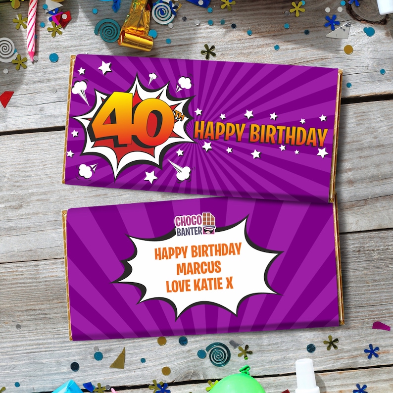 40th Birthday Comic Style Chocolate Bar Printed Chocolate - Etsy