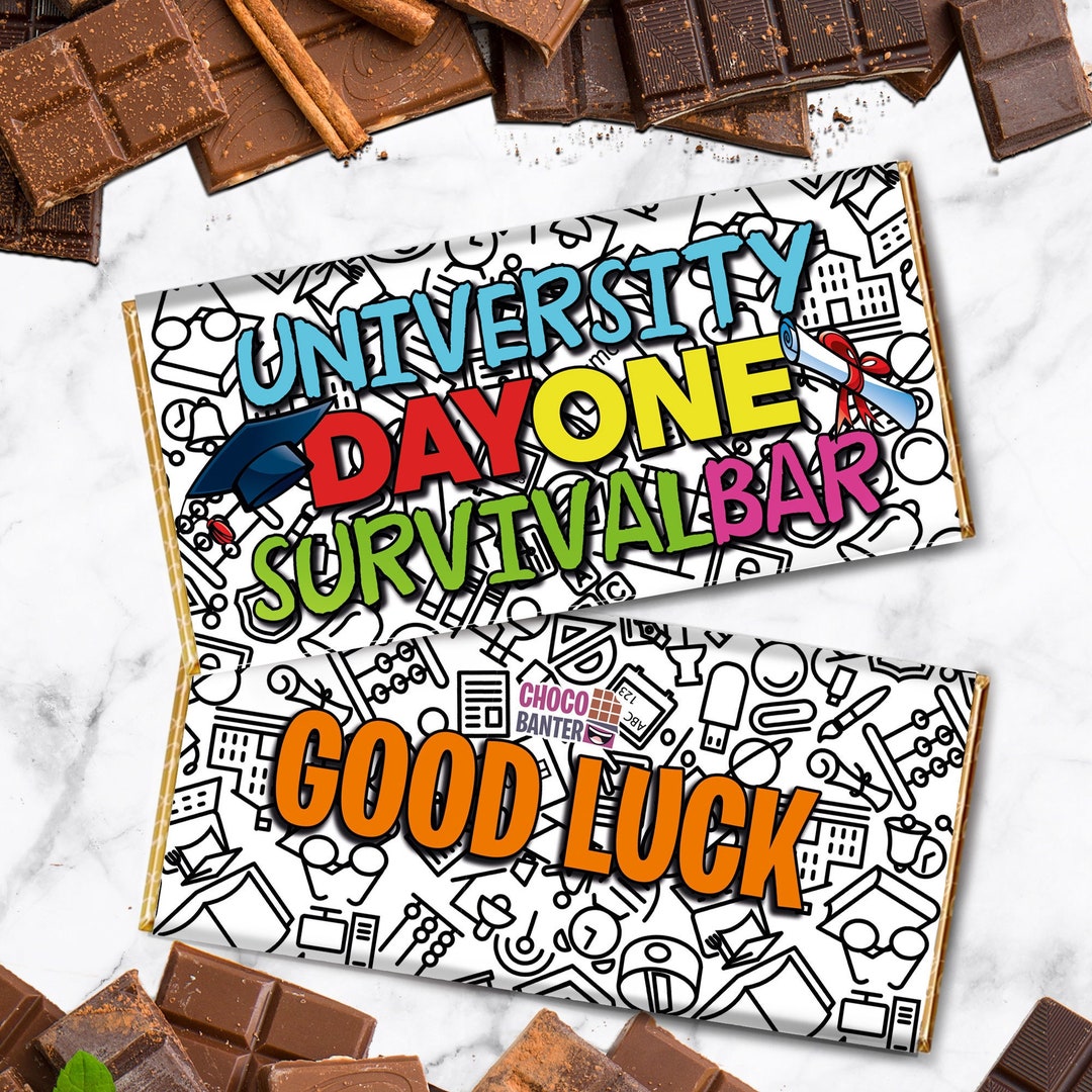 University Day One Survival Bar Chocolate Bar Wrapper | Good Luck on ...