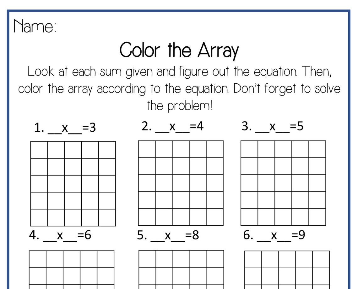 Color the Array Multiplication - Eight Worksheets - Etsy