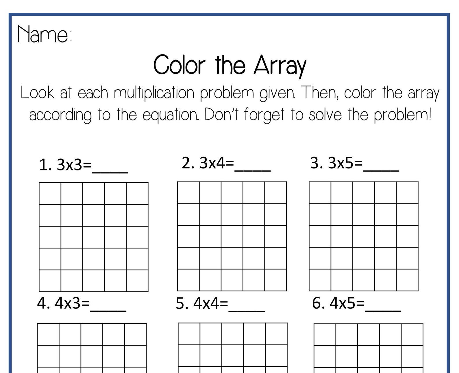 Color the Array Multiplication - Eight Worksheets - Etsy