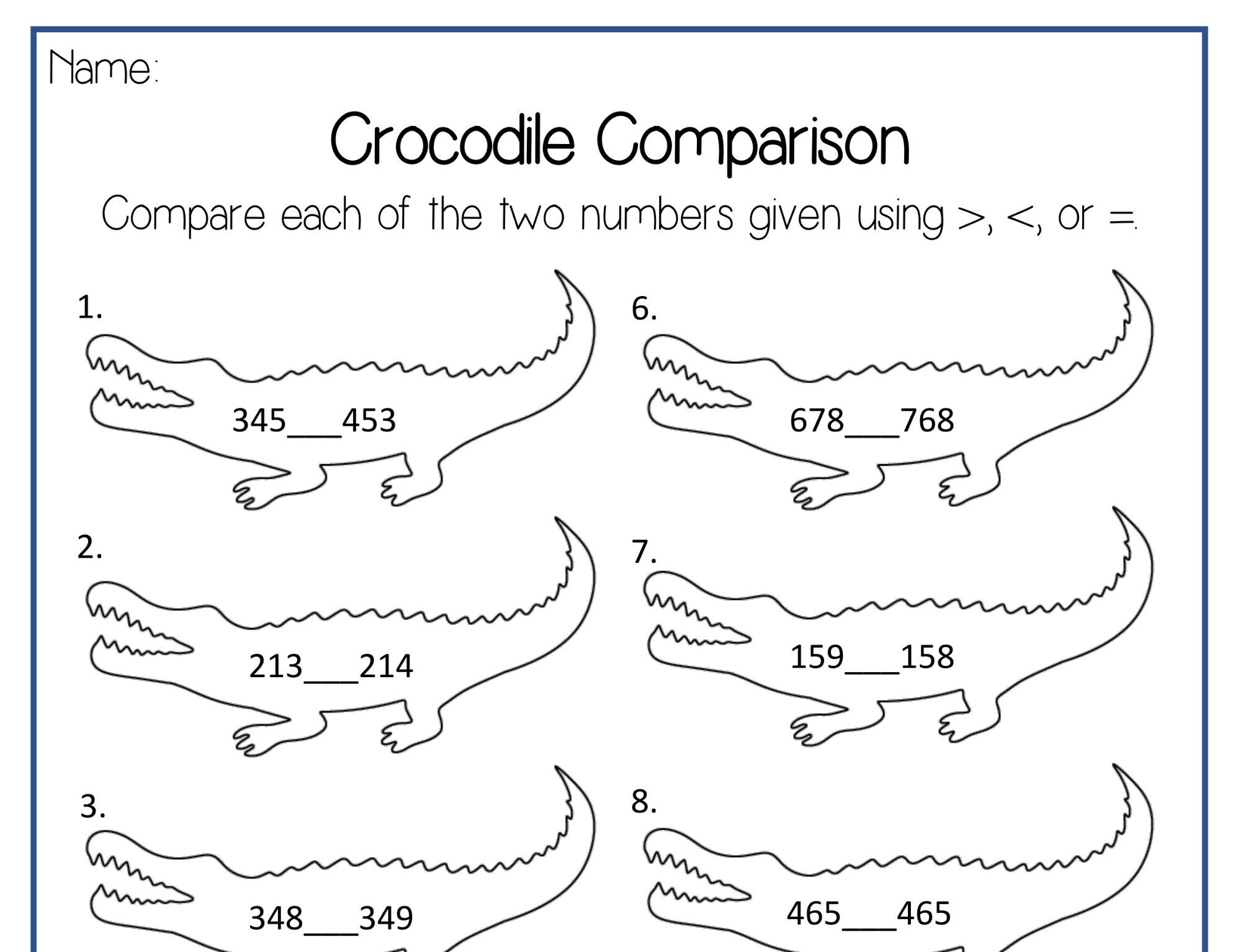 Crocodile Comparison Worksheets (greater Than, Less Than, Equal To) - Etsy