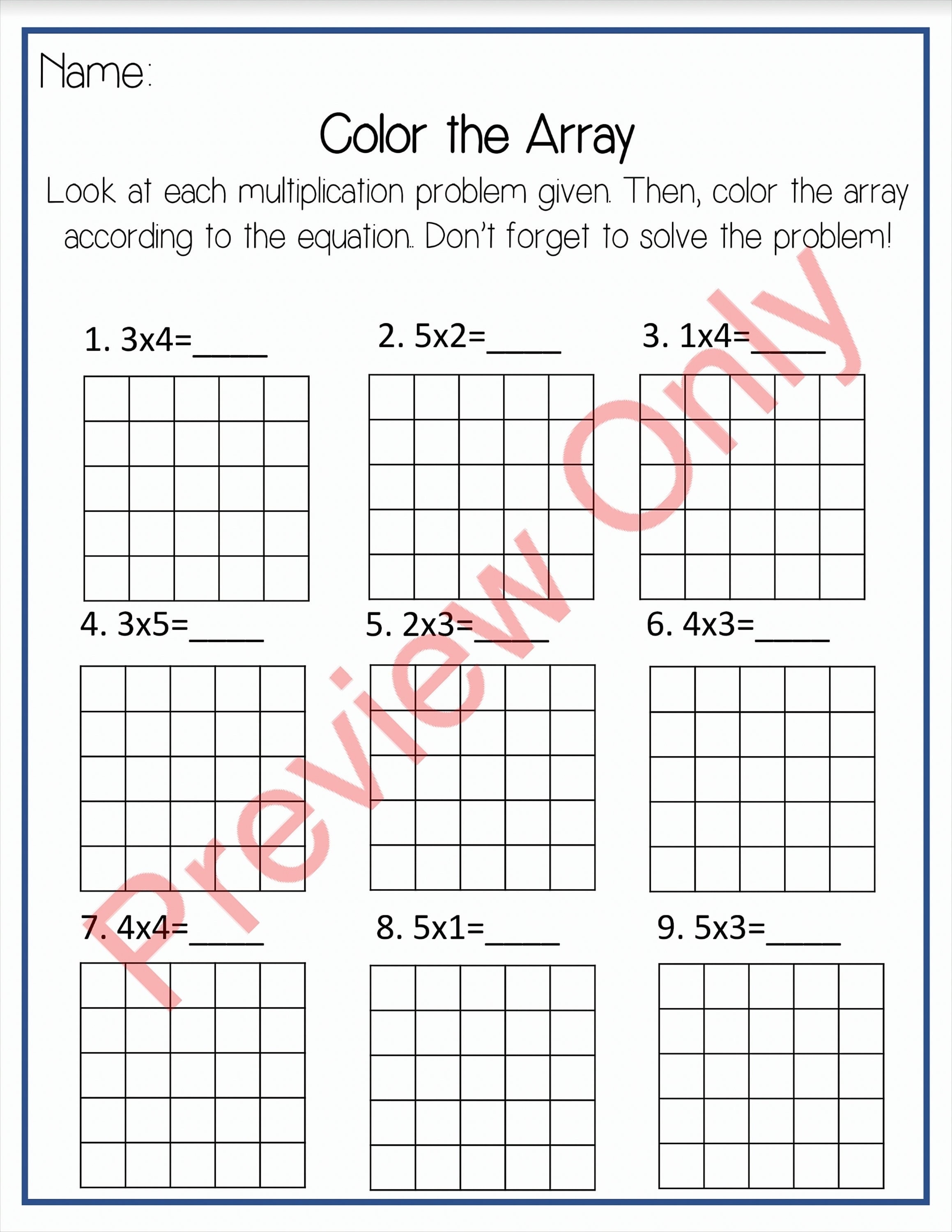 Multiplication Arrays Worksheets Grade 3
