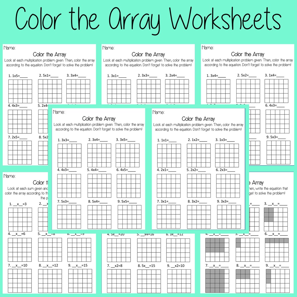 Color the Array Multiplication - Eight Worksheets - Etsy