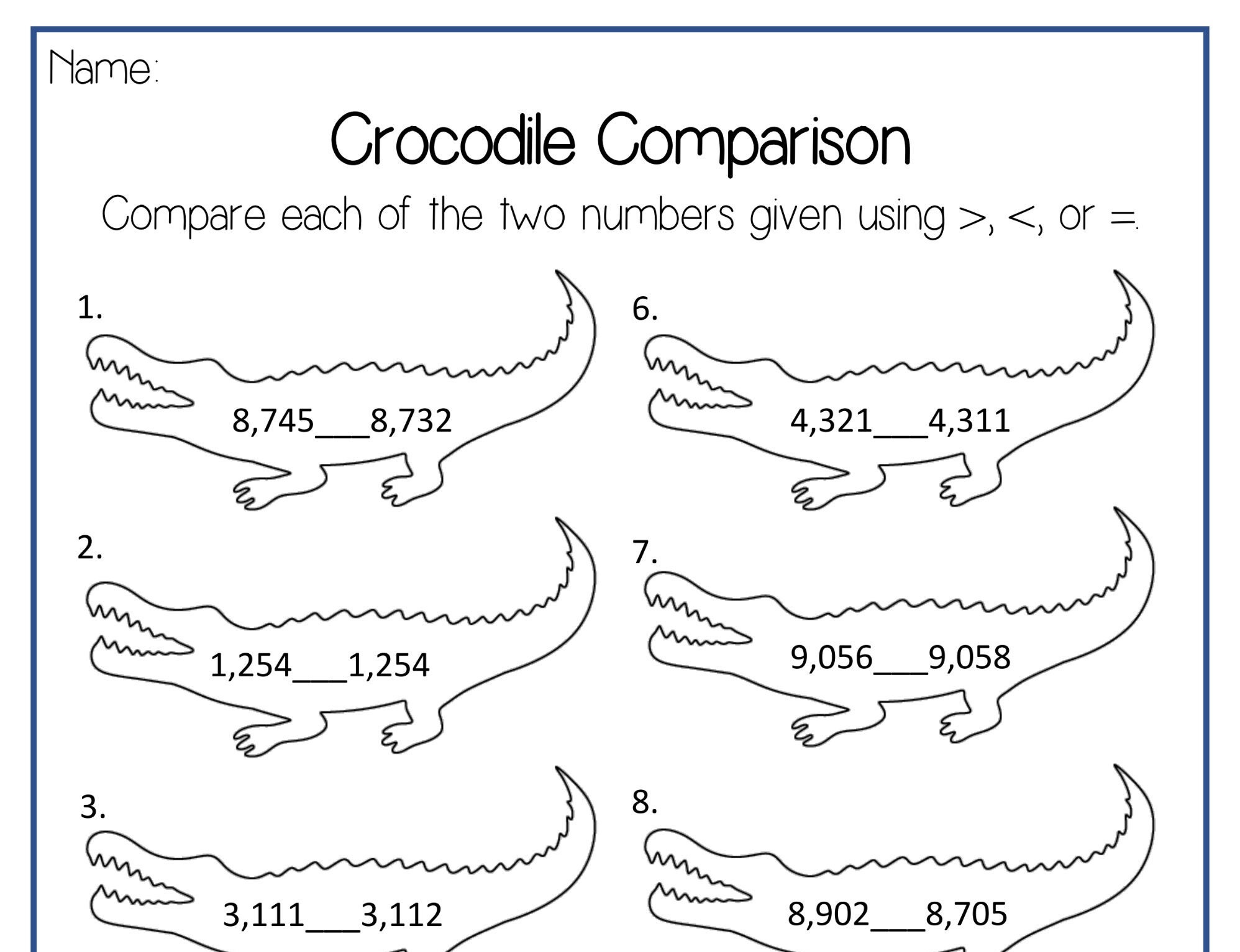 Crocodile Comparison Worksheets (greater Than, Less Than, Equal To) - Etsy