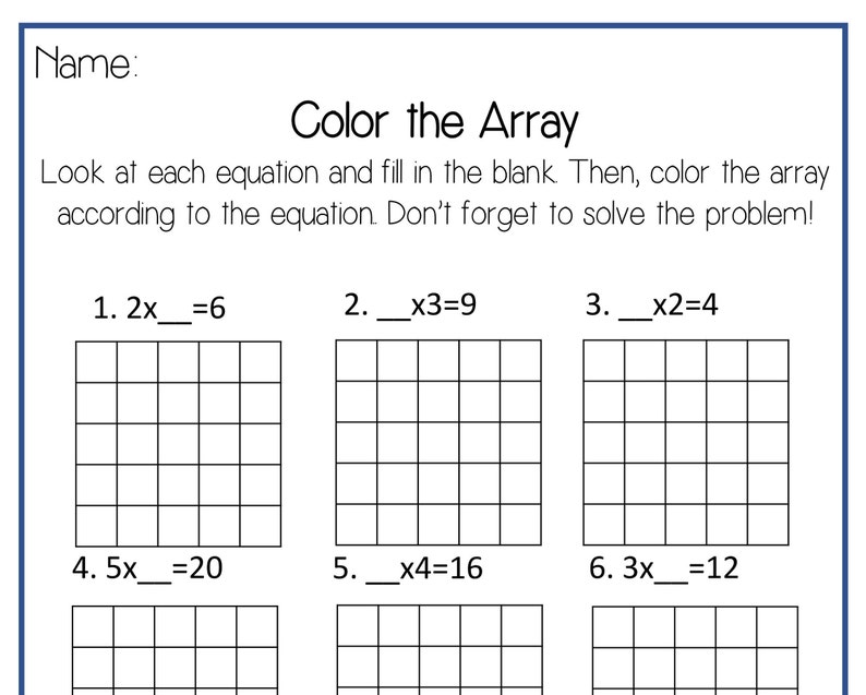 Color the Array Multiplication - Eight Worksheets - Etsy