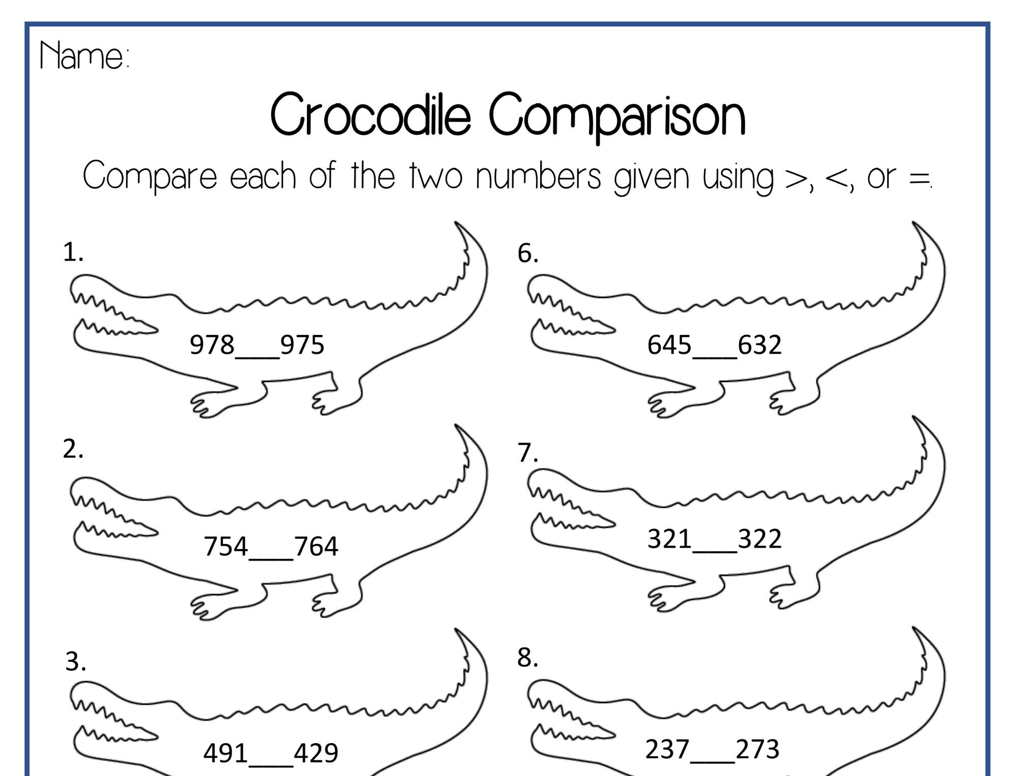 Crocodile Comparison Worksheets (greater Than, Less Than, Equal To) - Etsy