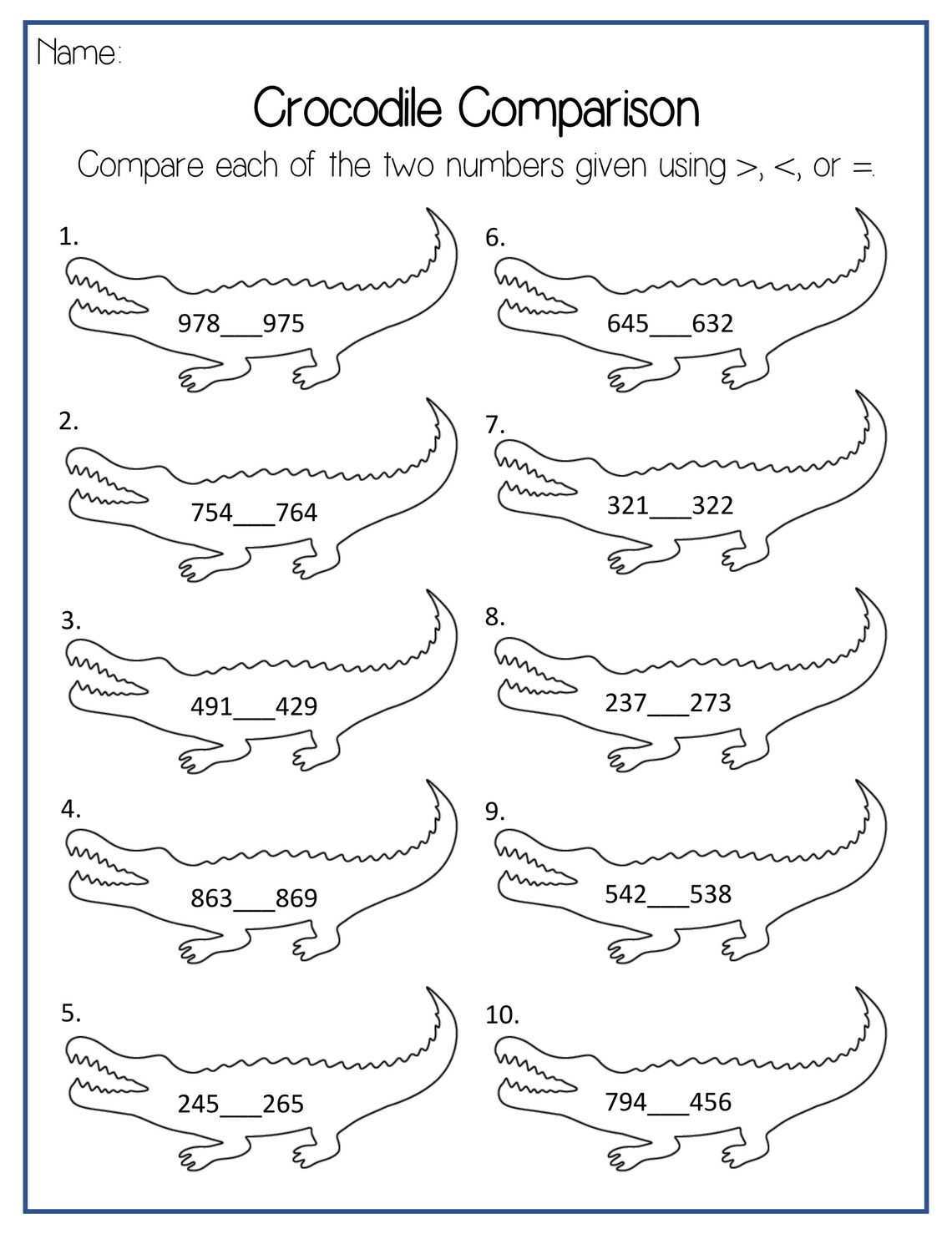 Crocodile Comparison Worksheets greater Than Less Than | Etsy