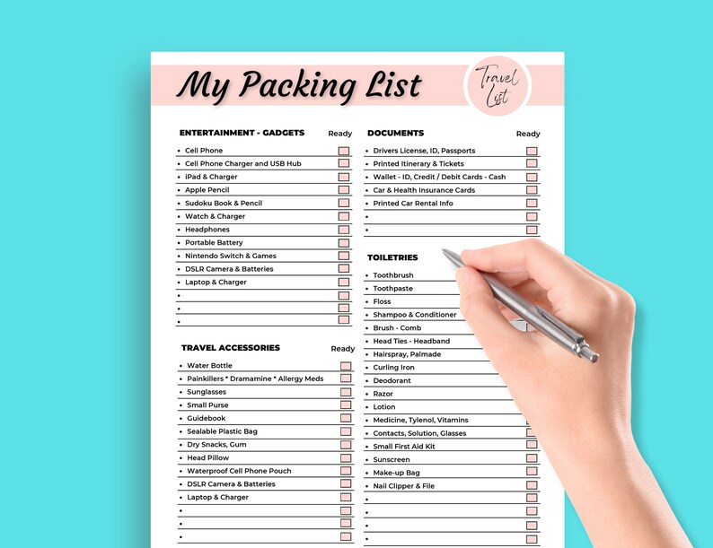 Printable Travel Packing List Travel Documents, Electronics, Clothes ...
