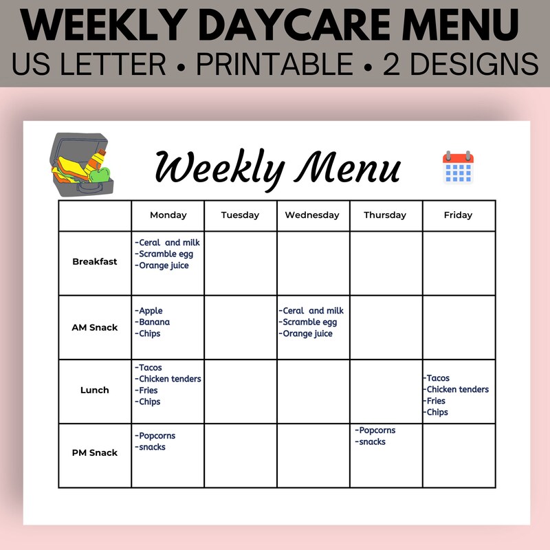 Daycare Menu Template - Etsy