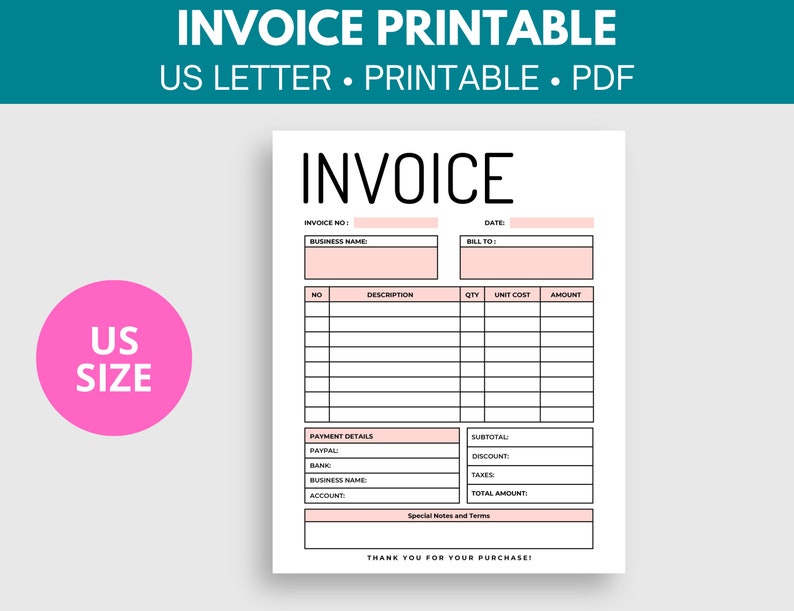 INVOICE TEMPLATE PRINTABLE Invoice for Small Businesses - Etsy