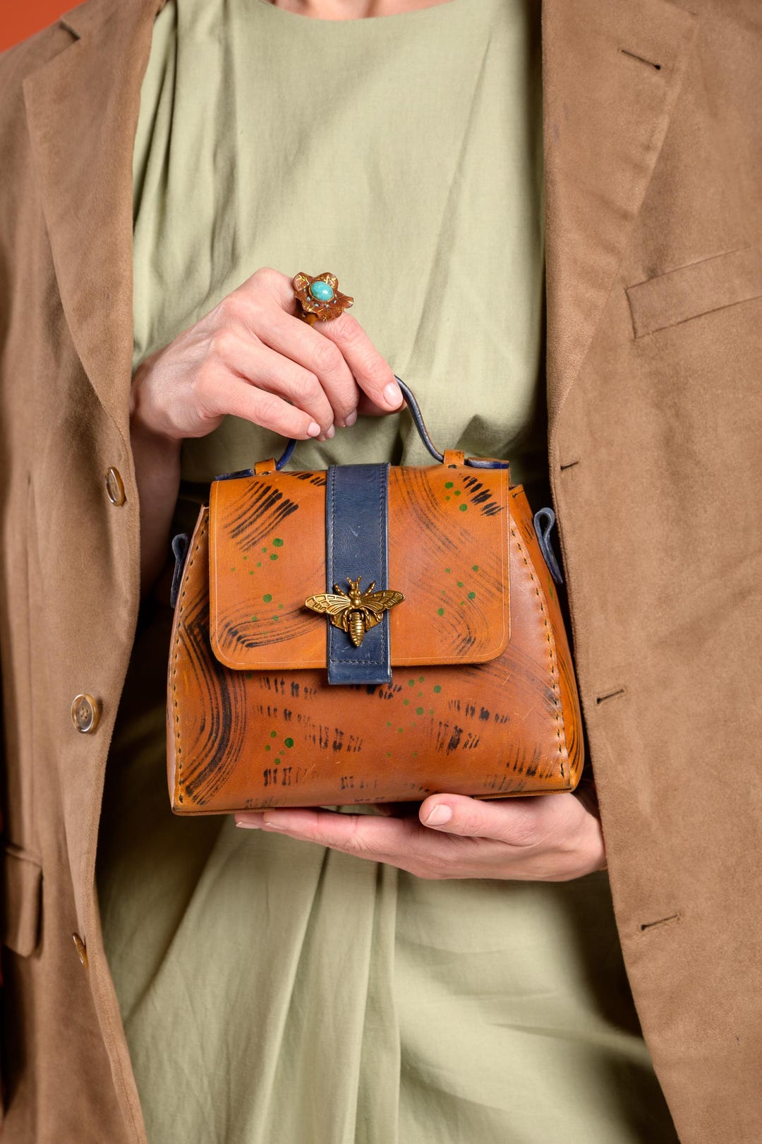 Hand-painted Leather Handbag: Bee Clasp, Top Handle, Adjustable Strap ...
