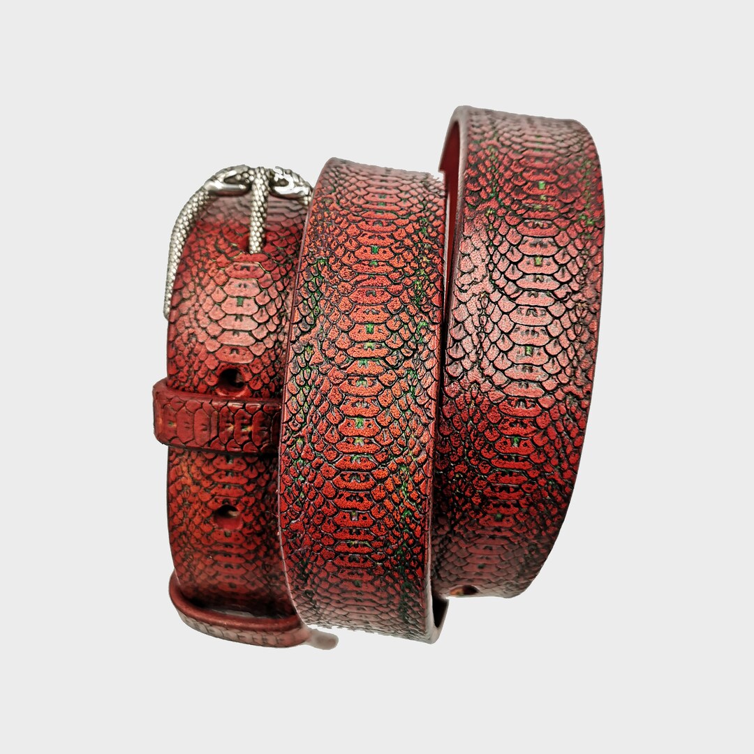 Serpentine Style, Ouroboros Buckle, Red Leather Belt, Handcrafted ...
