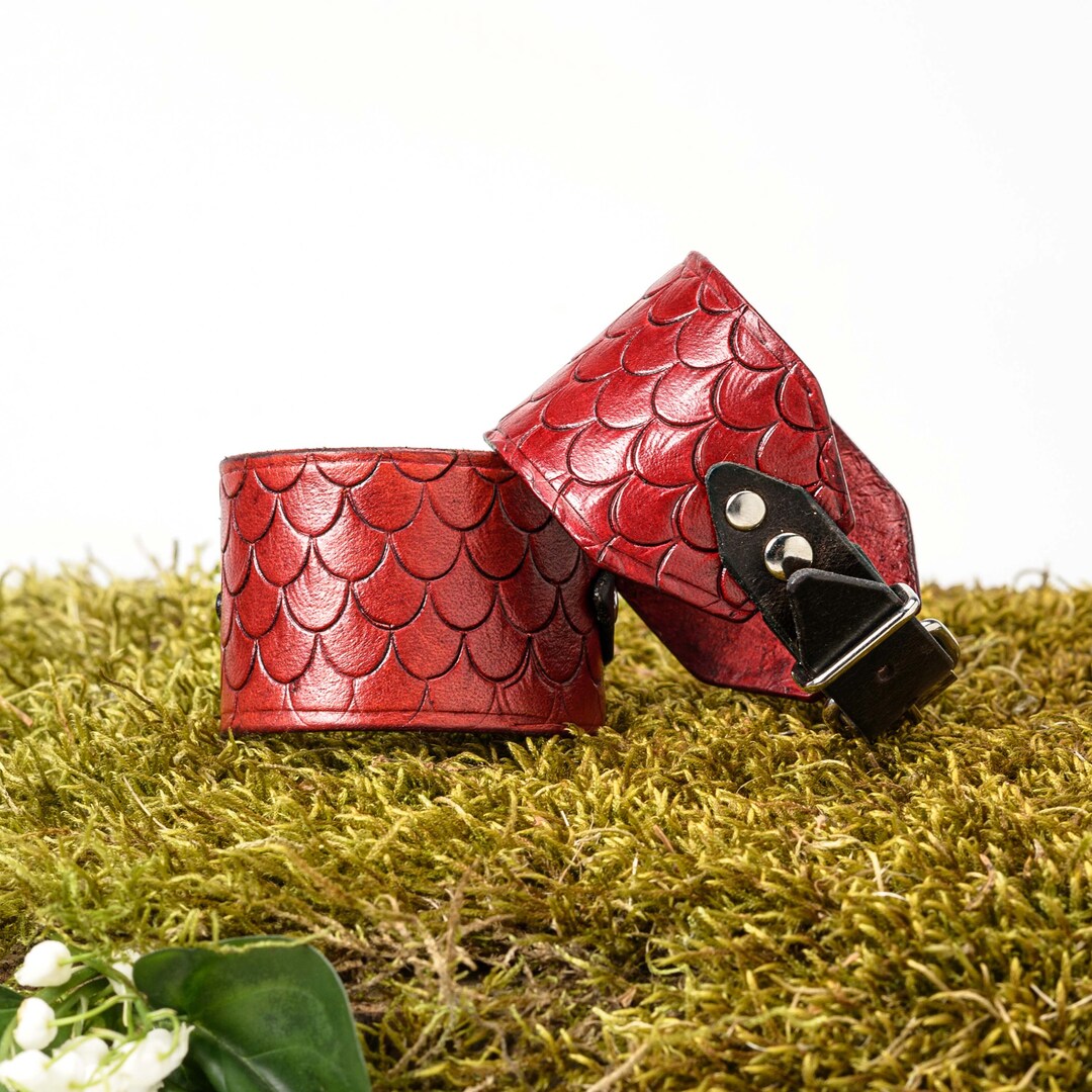 Red Leather Cuff Bracelet: Dragon Skin Wristband, Stainless Steel ...