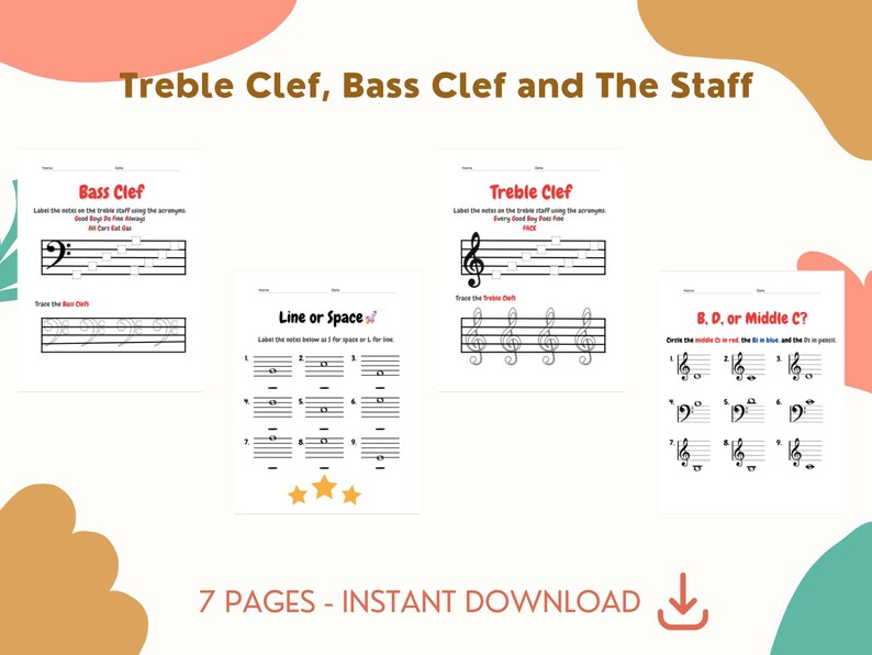 Fun Music Worksheets INSTANT DOWNLOAD - Treble Clef, Bass Clef, the ...