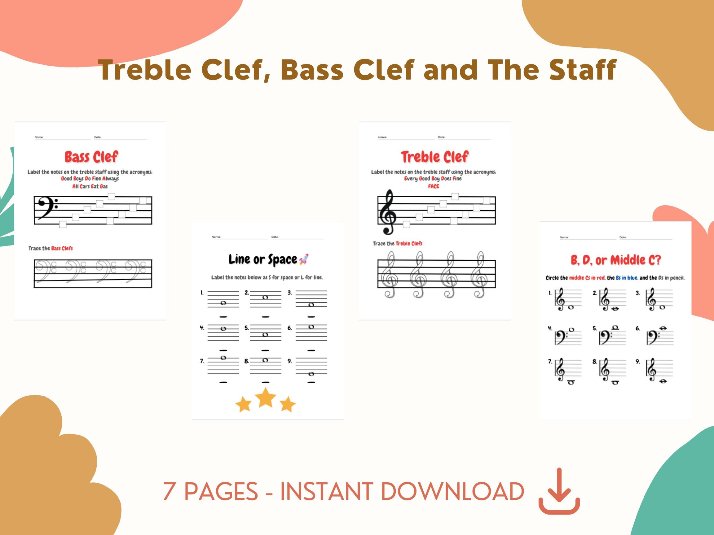 Fun Music Worksheets INSTANT DOWNLOAD - Treble Clef, Bass Clef, the ...