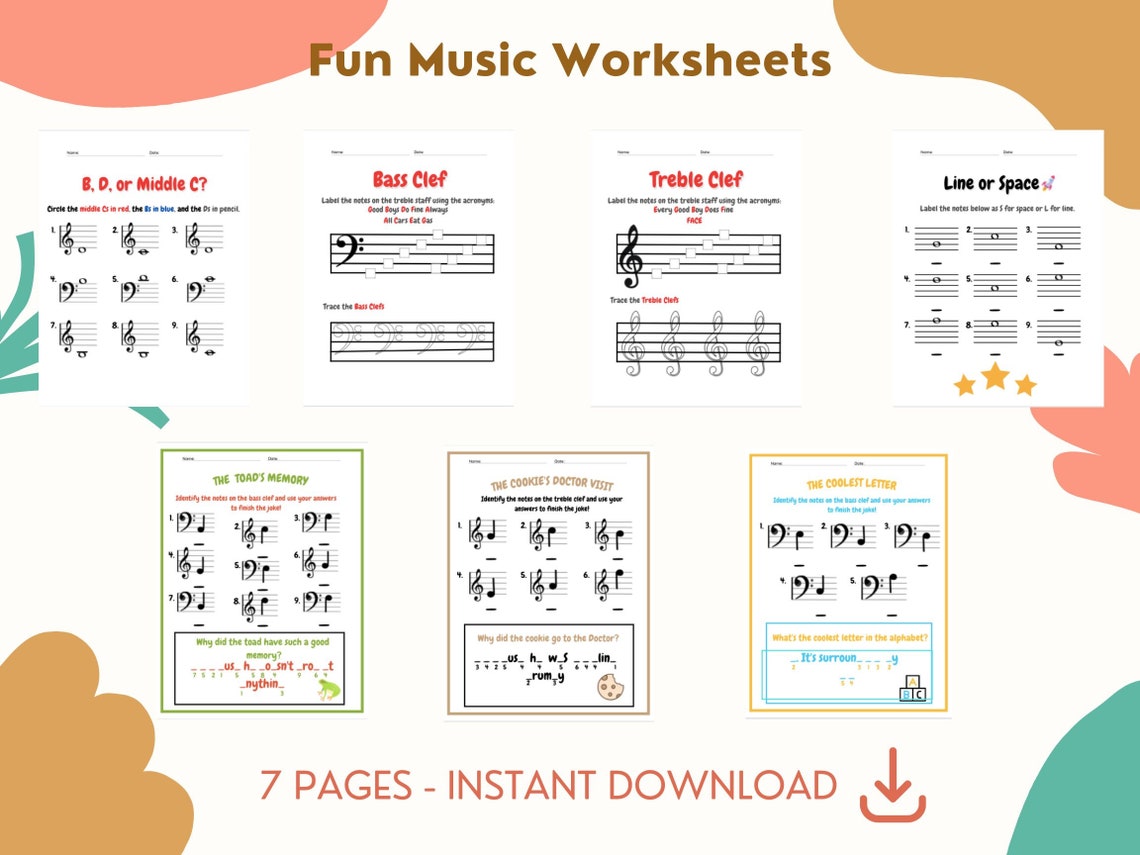 Fun Music Worksheets INSTANT DOWNLOAD Treble Clef Bass - Etsy